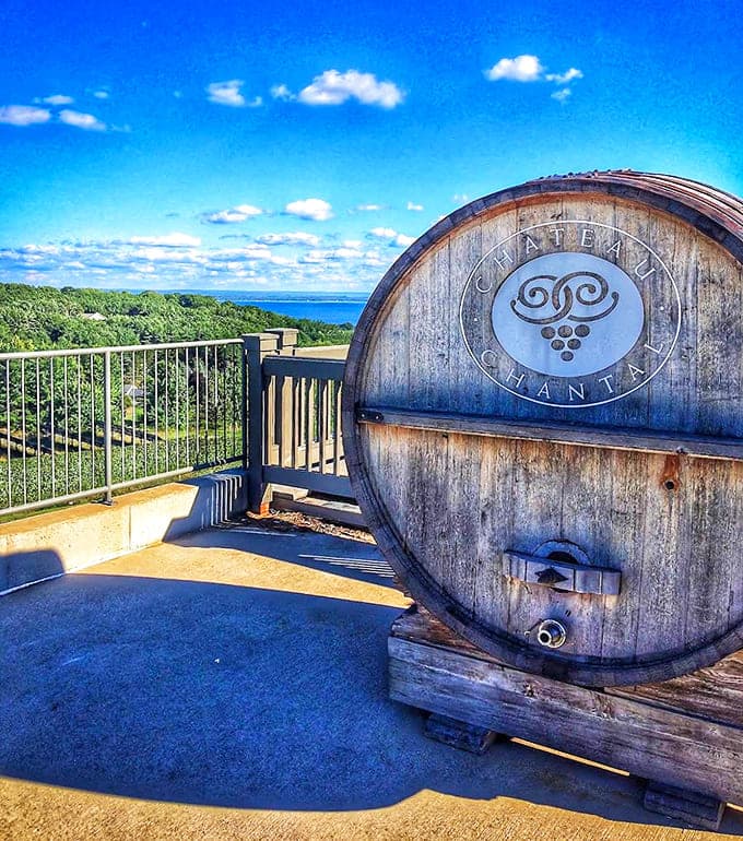 Wine Barrel: This weathered wooden sentinel stands guard at the lookout point, where Lake Michigan's blue waters provide the perfect backdrop for vineyard selfies.