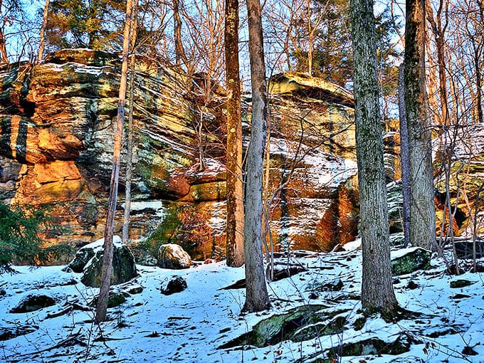 Winter: Snow transforms the ancient ledges into a frozen fairytale landscape, where silence speaks volumes and footprints tell stories.