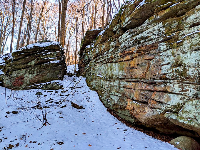 Winter transforms the sandstone passage into a frosted wonderland, where footprints tell stories of those brave enough to explore.