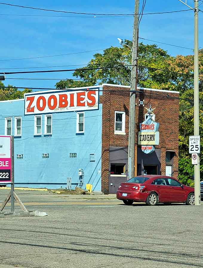 Zoobie's Old Town Tavern's bright blue exterior signals the colorful characters and conversations waiting inside this beloved local watering hole.