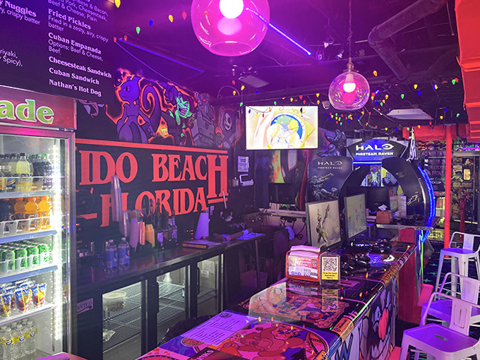 The bar area proudly displays its Florida roots while colorful string lights create the perfect atmosphere for between-game refreshments.