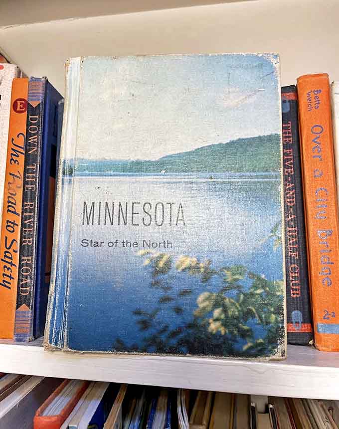 This vintage Minnesota guidebook sits among literary companions, its faded cover promising adventures in the "Star of the North" state.
