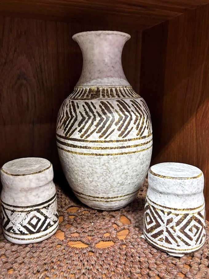 Ceramic pottery pieces with geometric patterns showcase the kind of handcrafted artistry that makes mass-produced items look boring by comparison.