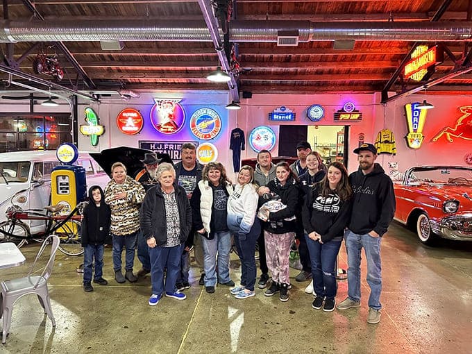 Car enthusiasts gather among automotive treasures, proving that Chloe's isn't just a restaurant&mdash;it's a community hub where memories are made and shared.