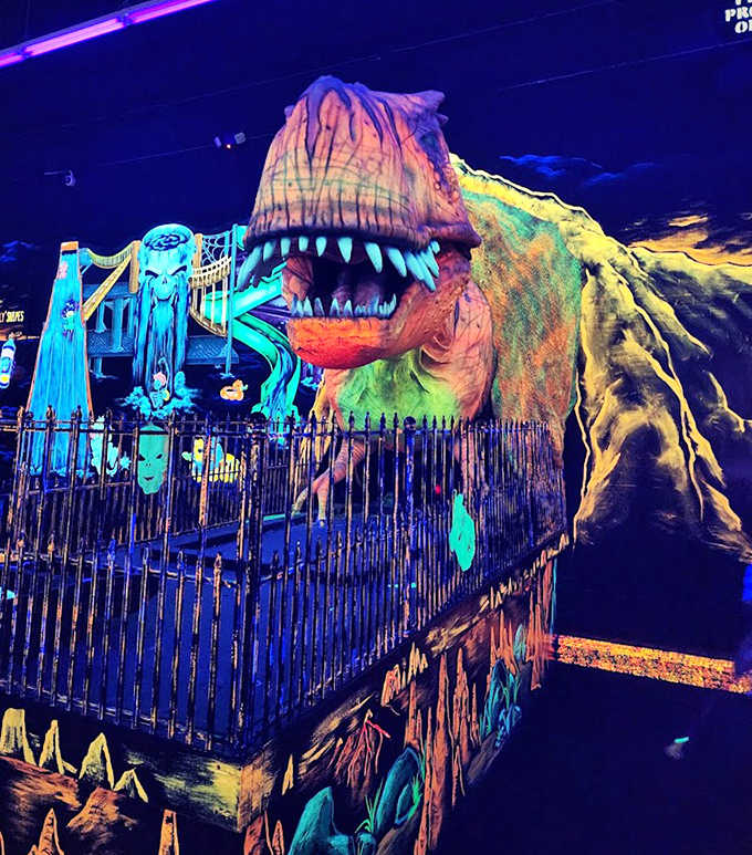 This prehistoric guardian's teeth glow menacingly under black lights. His roar might be silent, but his presence is anything but subtle.