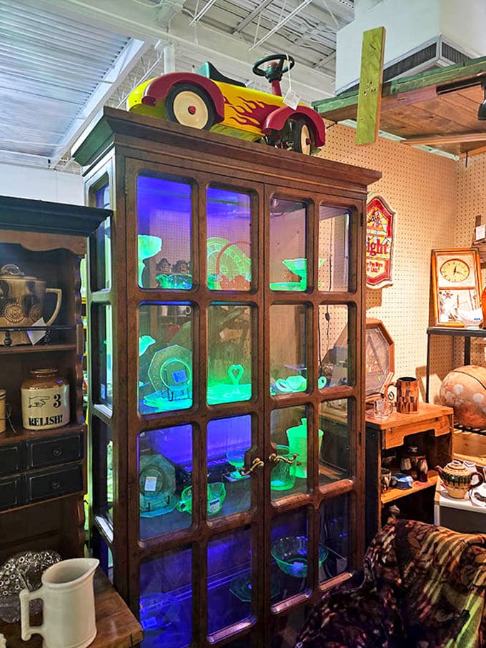 Cabinet of curiosities &ndash; this illuminated display case transforms ordinary glassware into extraordinary treasures through the magic of colored lighting.