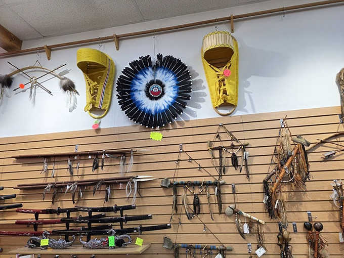 Native American crafts share space with educational materials, allowing visitors to deepen their understanding while appreciating the artistry on display.