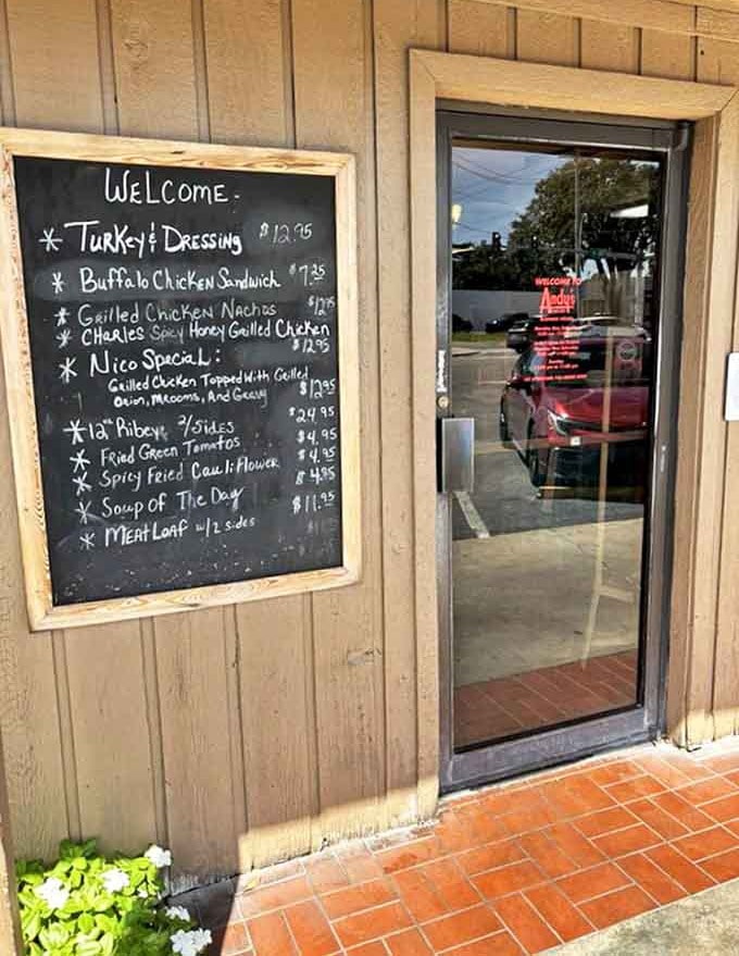 The entrance chalkboard announces daily specials like "Turkey & Dressing" and "Meatloaf w/2 sides" &ndash; comfort food that knows exactly what it is.