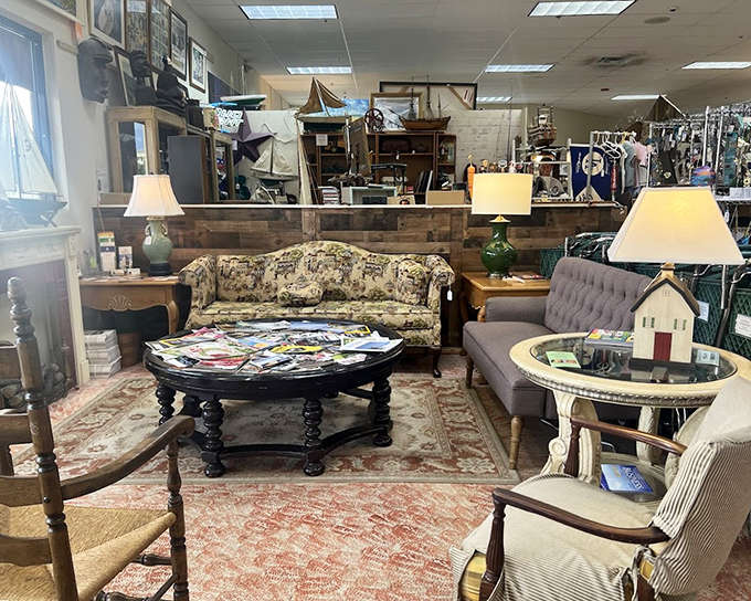 Furniture vignettes showcase how vintage pieces can work together, creating cozy conversation areas that invite you to imagine lazy Sunday afternoons with good books and better company.