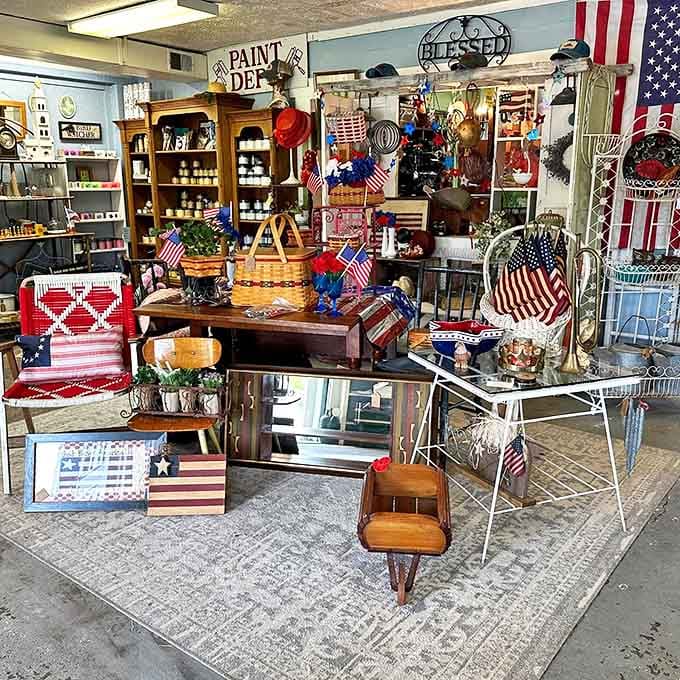 This patriotic display captures Americana at its finest. From vintage flags to rustic furniture, it's a red, white, and blue celebration of nostalgic national pride.