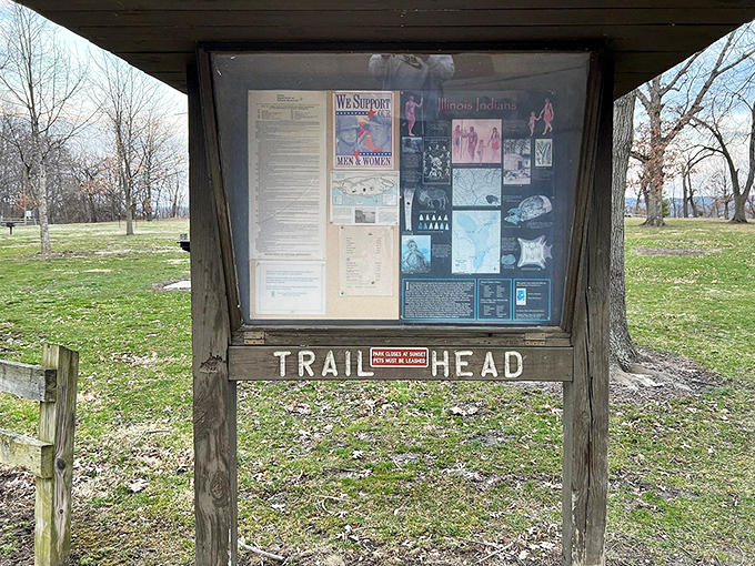 The trailhead information board details the park's natural and cultural history, orienting visitors before their adventure begins.