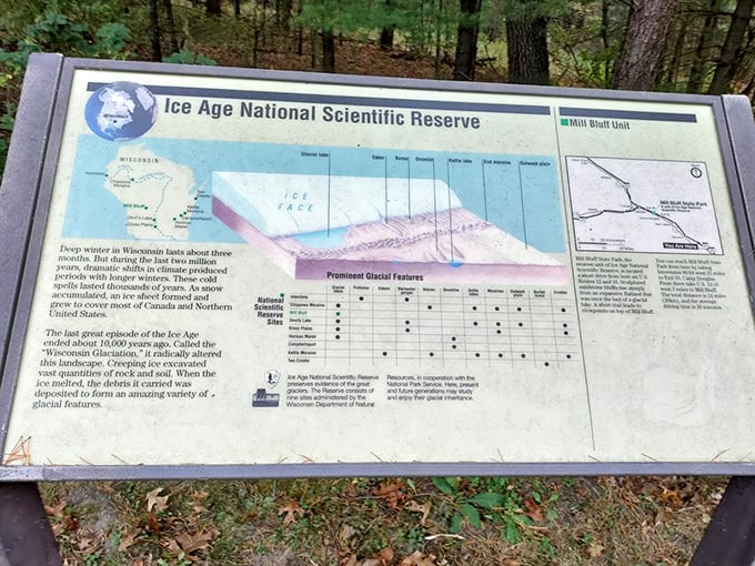Educational signage reveals Mill Bluff's Ice Age origins &ndash; when massive glaciers played sculptor with Wisconsin's landscape. Earth's history written in stone and soil.