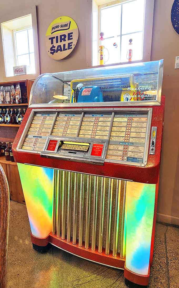 This isn't just decoration &ndash; it's a working jukebox that provides the perfect soundtrack to your meal, glowing with colorful lights that enhance the retro atmosphere.