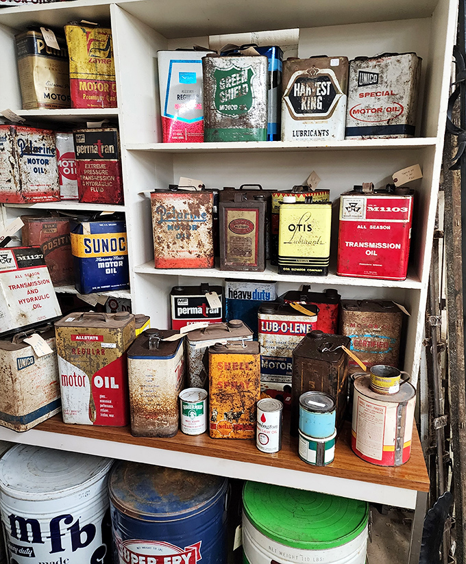 Rusty gold! These vintage oil cans showcase a time when automotive graphics were works of art, not corporate logos.