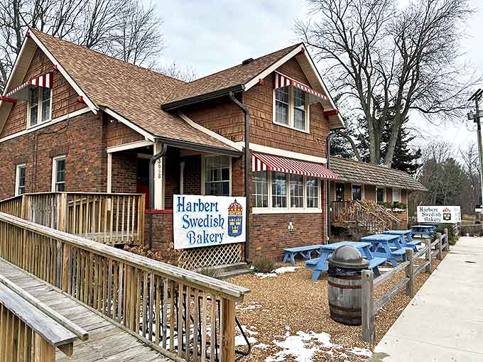Outdoor seating with blue picnic tables offers the perfect spot to enjoy your treasures while soaking up Michigan sunshine.