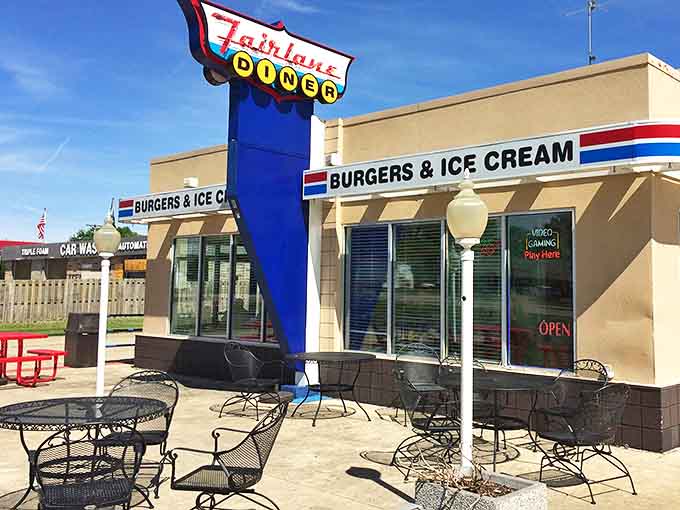 The outdoor seating area invites diners to enjoy their classic American fare under classic American skies.