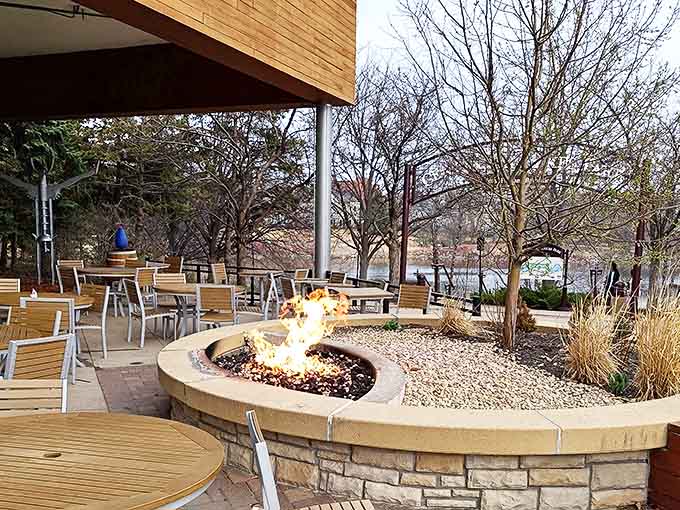 The outdoor patio features cozy fire pits and comfortable seating, perfect for enjoying dessert under Minnesota skies.