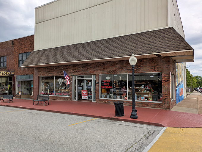 The exterior view shows how perfectly Super City Antiques fits into Metropolis' charming downtown, a destination for treasure hunters and history buffs.