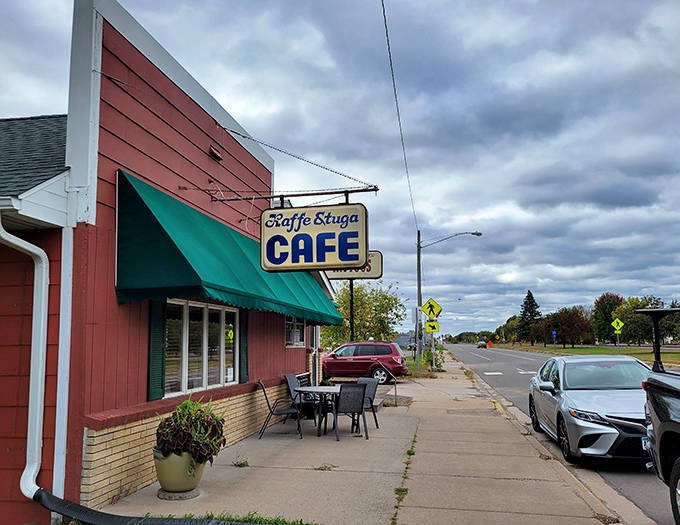 Even on cloudy days, Kaffe Stuga's exterior radiates warmth – a splash of Scandinavian red against Minnesota's sometimes gray skies.