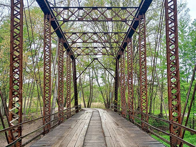 Looking up reveals the geometric precision of the overhead bracing&mdash;functional beauty from a more meticulous era.