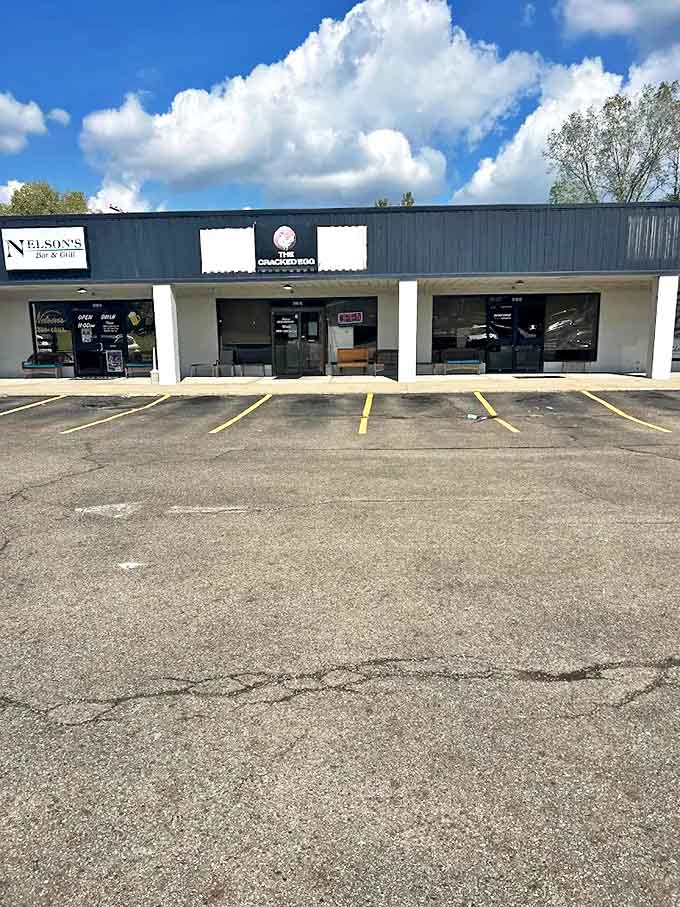 The Cracked Egg's modest storefront in a row of local businesses. Like finding a diamond in your cereal box &ndash; unexpected but delightful!