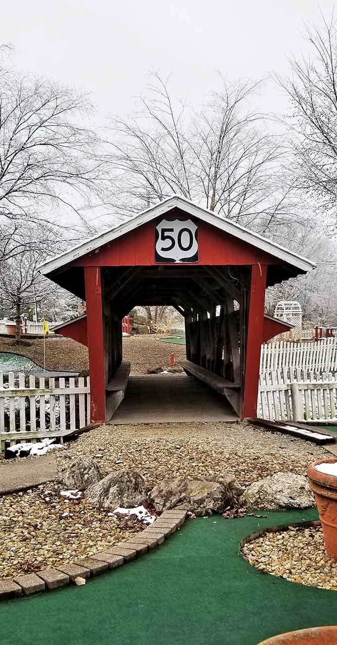The signature covered bridge hole, proudly displaying the Route 50 shield &ndash; a nod to the historic highway that gives this beloved institution its name.