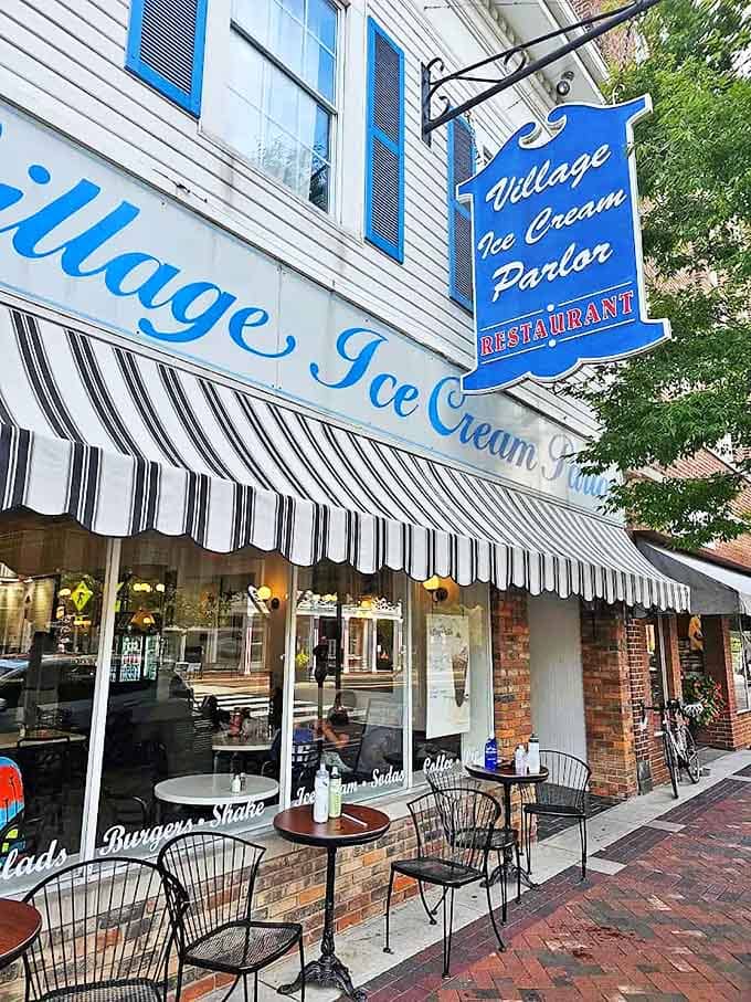 Outdoor seating invites patrons to savor their treats while watching the world go by – bicycles parked nearby suggest the perfect post-ride reward.