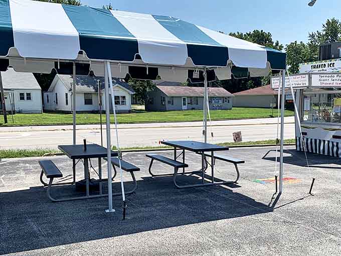 Shaded picnic tables provide the perfect spot to enjoy your carnival feast without melting in the Illinois sun.