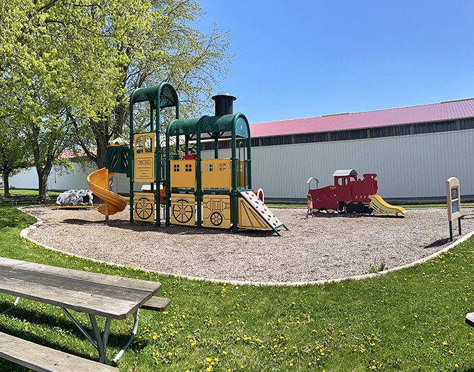 Even the playground celebrates train heritage, with equipment designed to spark young imaginations while honoring railway traditions.
