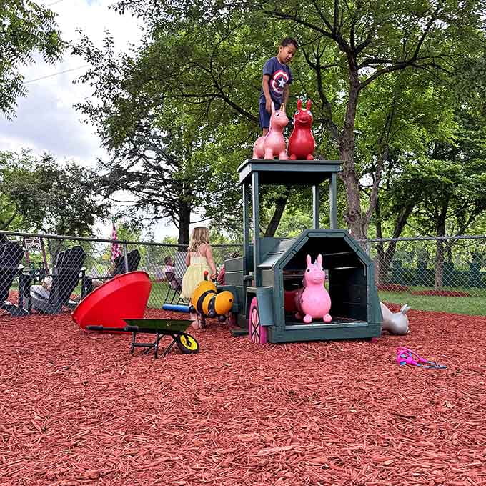 The playground offers salvation for parents whose children need to burn off shake-induced sugar highs before the ride home.