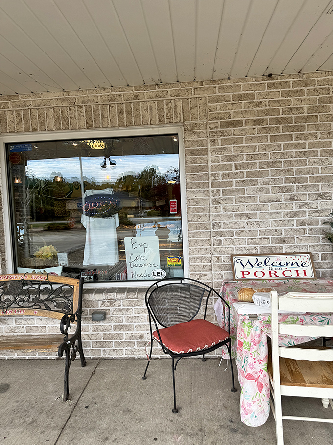 The welcoming porch offers a moment to contemplate your purchases &ndash; or more likely, to sneak that first bite before reaching the car.