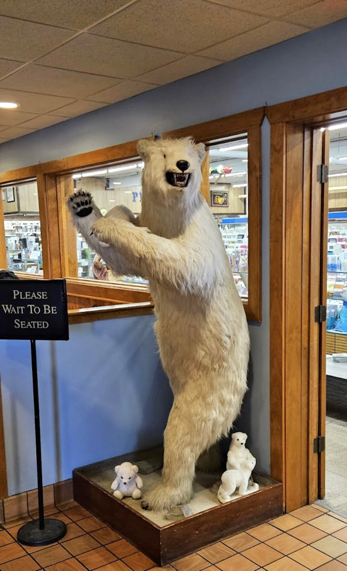 The guardian of breakfast: this polar bear greeter stands watch, ensuring only the hungriest visitors are worthy of the pancake experience within. 