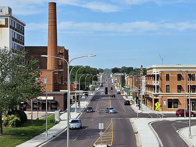 This view down Mankato's main thoroughfare shows how the silos serve as an anchor for the revitalized downtown district.