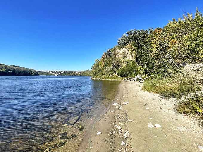 The sandy riverbank reveals itself during low water, creating a temporary beach where the Mississippi whispers stories of its journey.