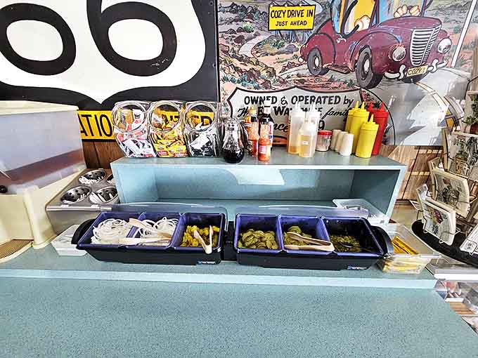 The self-service station with condiments hasn't changed in decades, why mess with perfection when it comes to dressing your Cozy Dog?