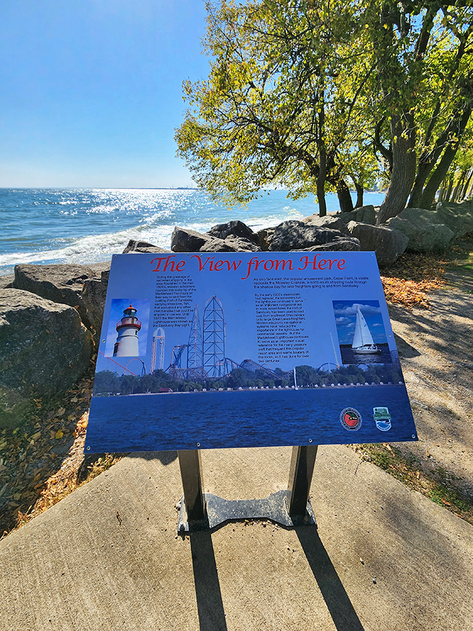 The View from Here educational sign helps visitors identify landmarks visible from this vantage point – from islands to distant shores across Lake Erie's expanse.