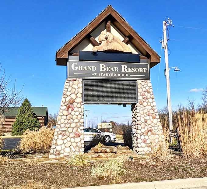 The iconic Grand Bear signage stands as a rustic landmark, with its friendly bear mascot welcoming travelers to this woodland escape.