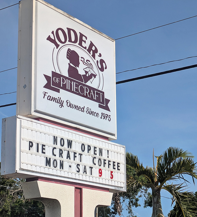 The iconic Yoder's sign has guided hungry travelers to pie paradise since 1975, standing as a beacon of hope for dessert enthusiasts everywhere.