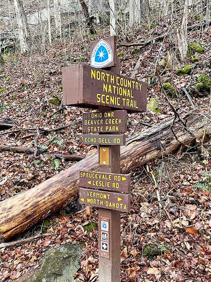 Trail markers point adventurous hikers toward distant destinations on the North Country Trail, where Vermont seems both impossibly far and tantalizingly possible.