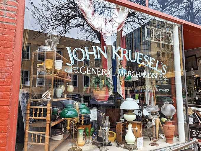 The storefront window offers a tantalizing glimpse of the treasures within, drawing curious passersby into this wonderland of American artifacts.
