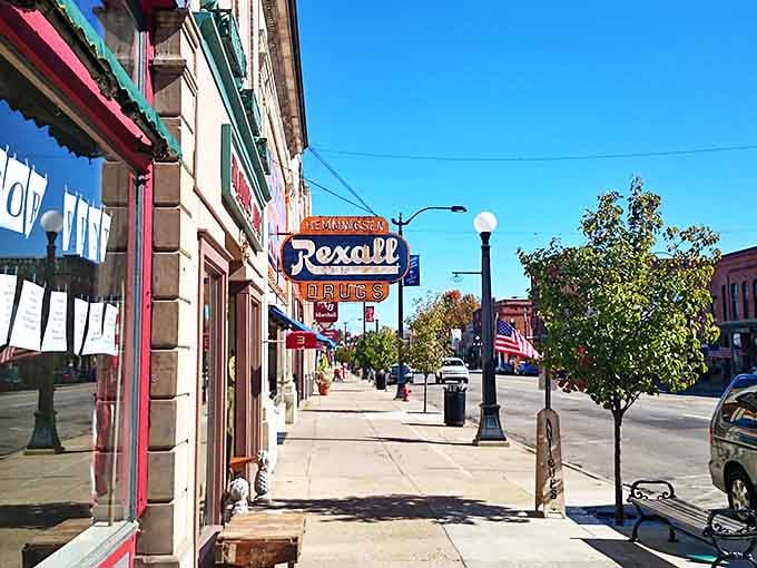 Street: Vintage lampposts and tree-lined sidewalks create the perfect small-town streetscape, where every storefront tells a story of American entrepreneurship and community.