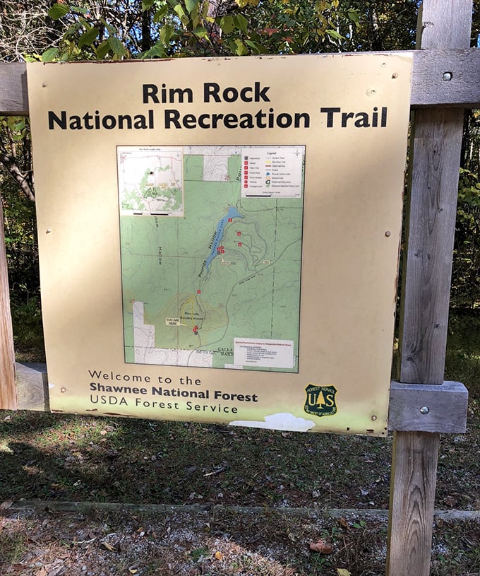 The official trail sign welcomes hikers to Shawnee National Forest, a modest introduction to the wonders that await beyond.