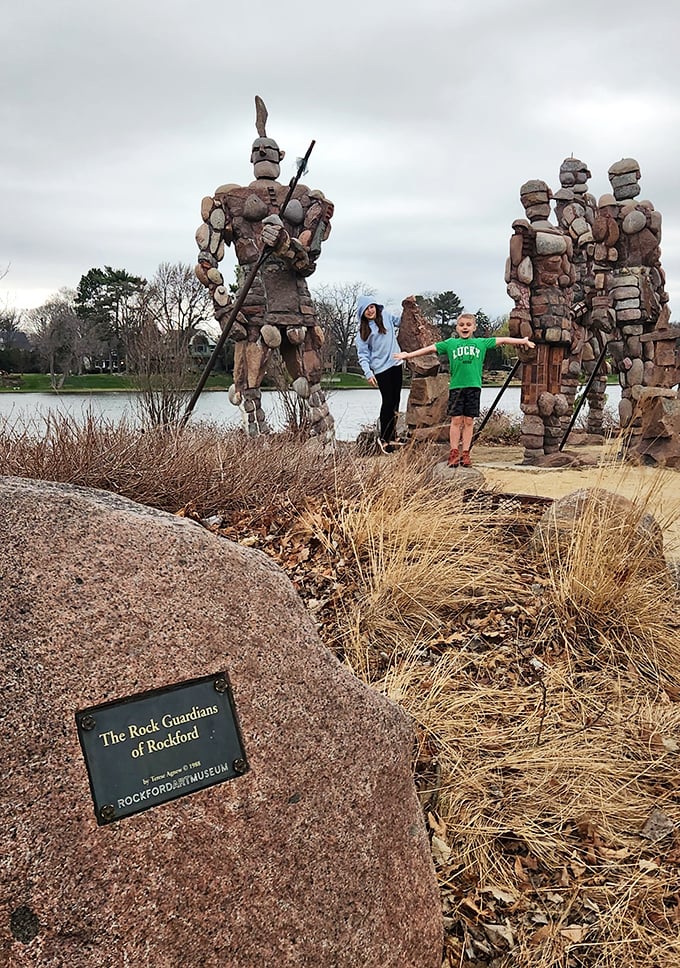 Visitors gain perspective standing beside these towering figures, which have become beloved local landmarks in Rockford.