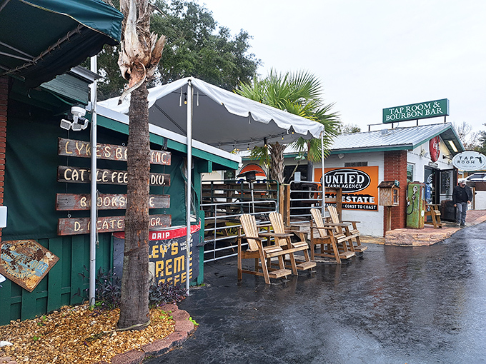 Where Brooksville meets hospitality: relax and enjoy the charm of Florida Cracker Kitchen’s waiting area, complete with chairs and rustic country vibes.