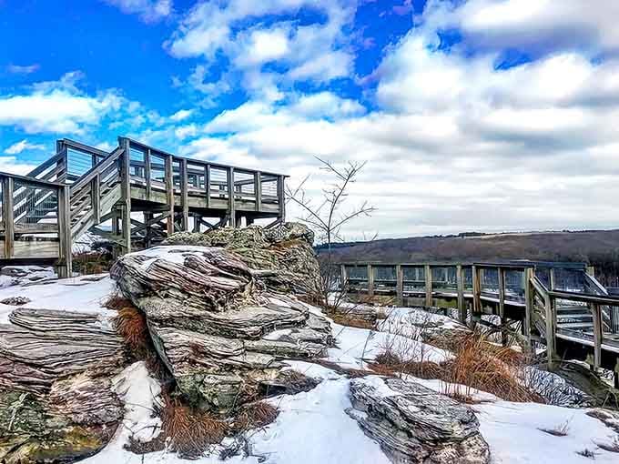 Winter drapes the observation deck in pristine white, transforming familiar landscapes into mysterious wonderlands waiting to be rediscovered.