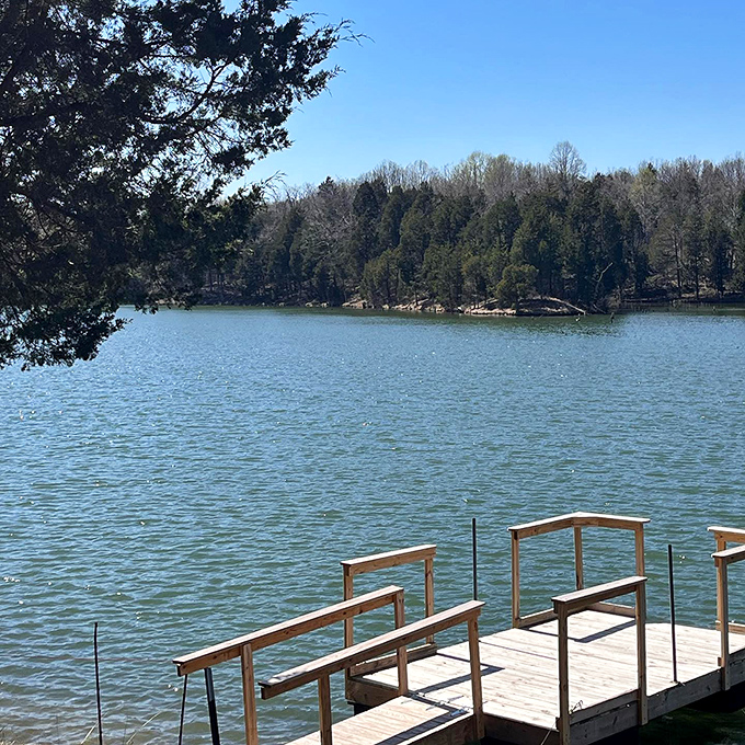 Morning mist rises from calm waters as this dock patiently waits for another day of cannonballs and contemplation.