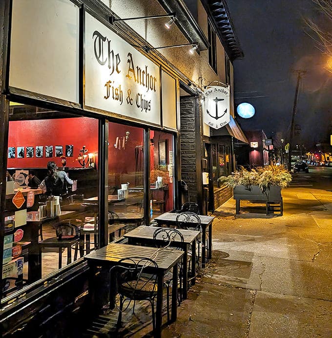 Even after sunset, The Anchor's welcoming glow invites passersby to stop in for a taste of Ireland.