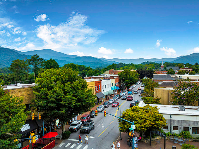 From above, Waynesville reveals its perfect formula: historic buildings, tree-lined streets, and mountains that frame the scene like nature's own picture frame.