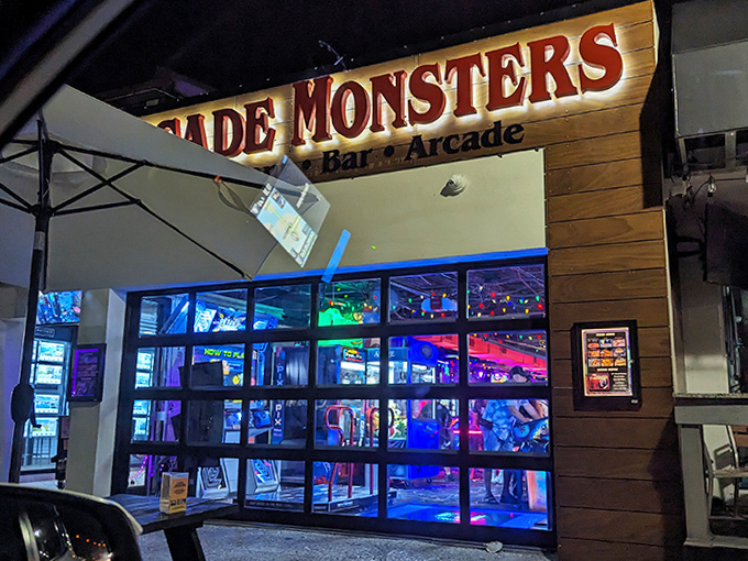 As night falls, Arcade Monsters transforms into a glowing beacon of fun, its windows offering passersby a tantalizing glimpse of the joy within.