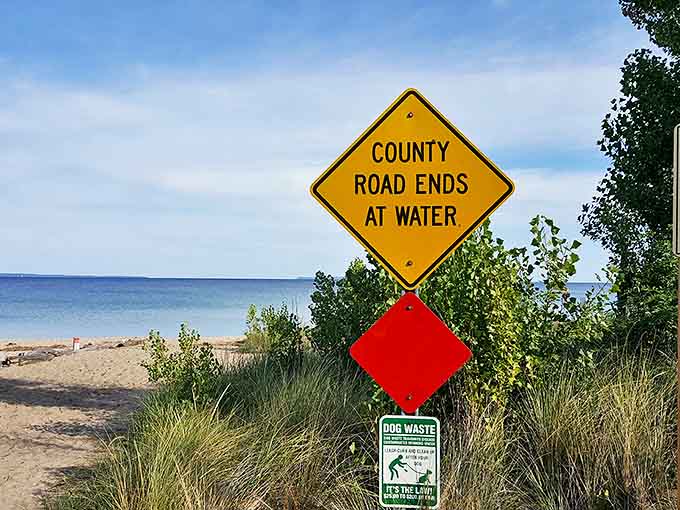 This sign states the obvious with Midwestern directness &ndash; in Glen Arbor, all roads eventually lead to water.
